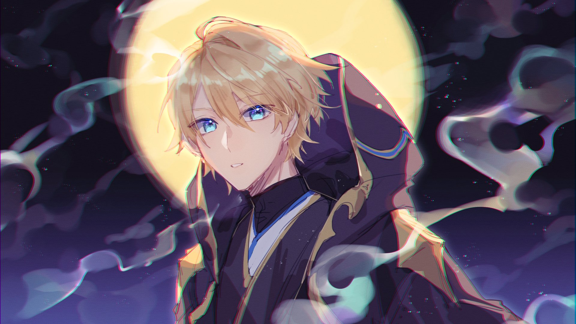 Safebooru - 1boy black coat black kimono black shirt blonde hair blue eyes coat full moon hair ...