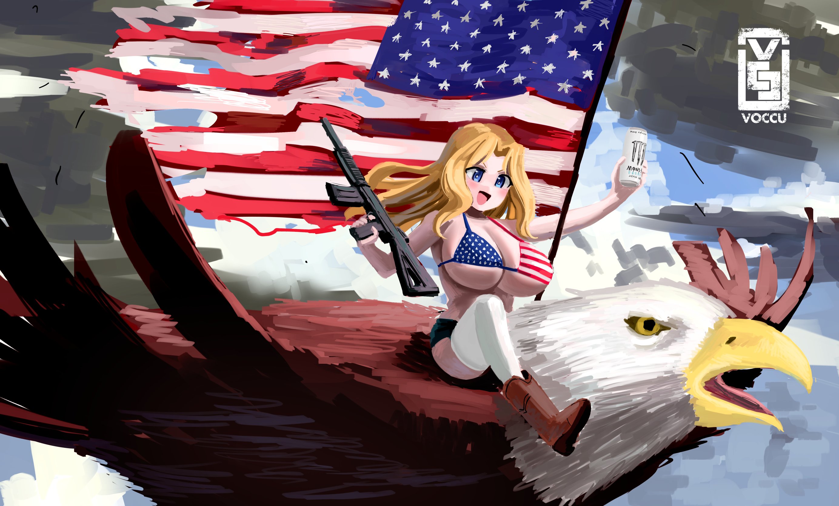 Safebooru - 1girl ak-47 american flag american flag bikini animal assault rifle bald eagle ...