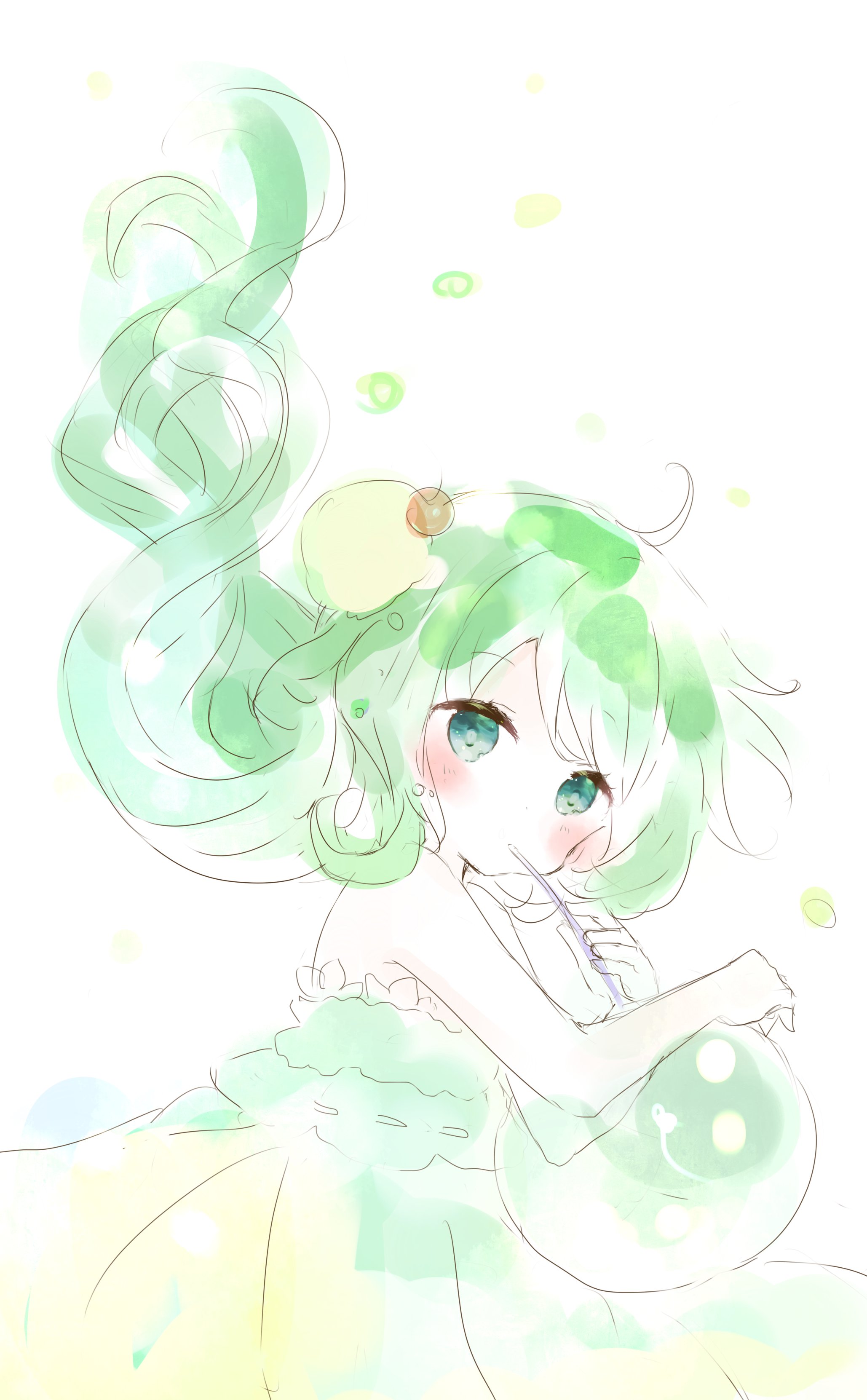 Safebooru - 1girl absurdres bare arms bare shoulders blush closed mouth dress floating hair food ...