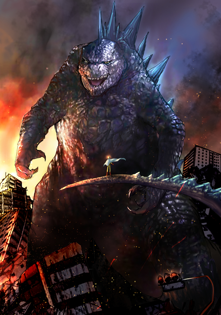 Safebooru - 1boy bodysuit cape clouds cloudy sky debris doitsuken embers giant monster gloves ...