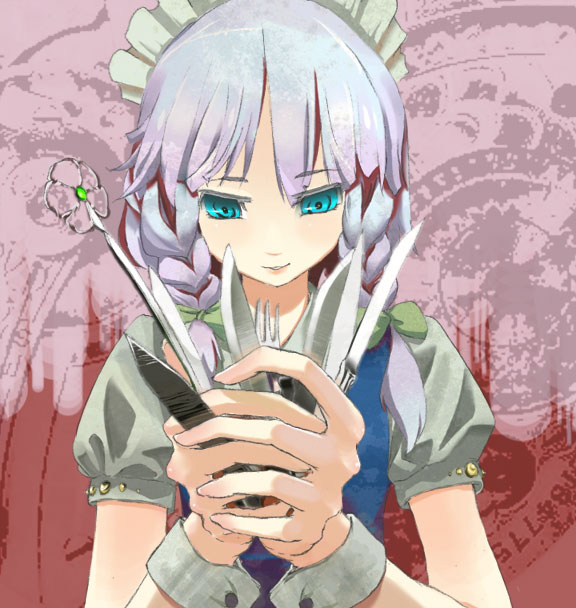 Safebooru - blue eyes braid foreshortening fork hands izayoi sakuya ...