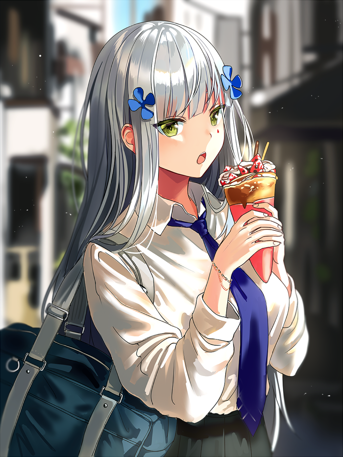 Safebooru - 1girl :o bag bangs black skirt blue neckwear blunt bangs blurry blurry background ...