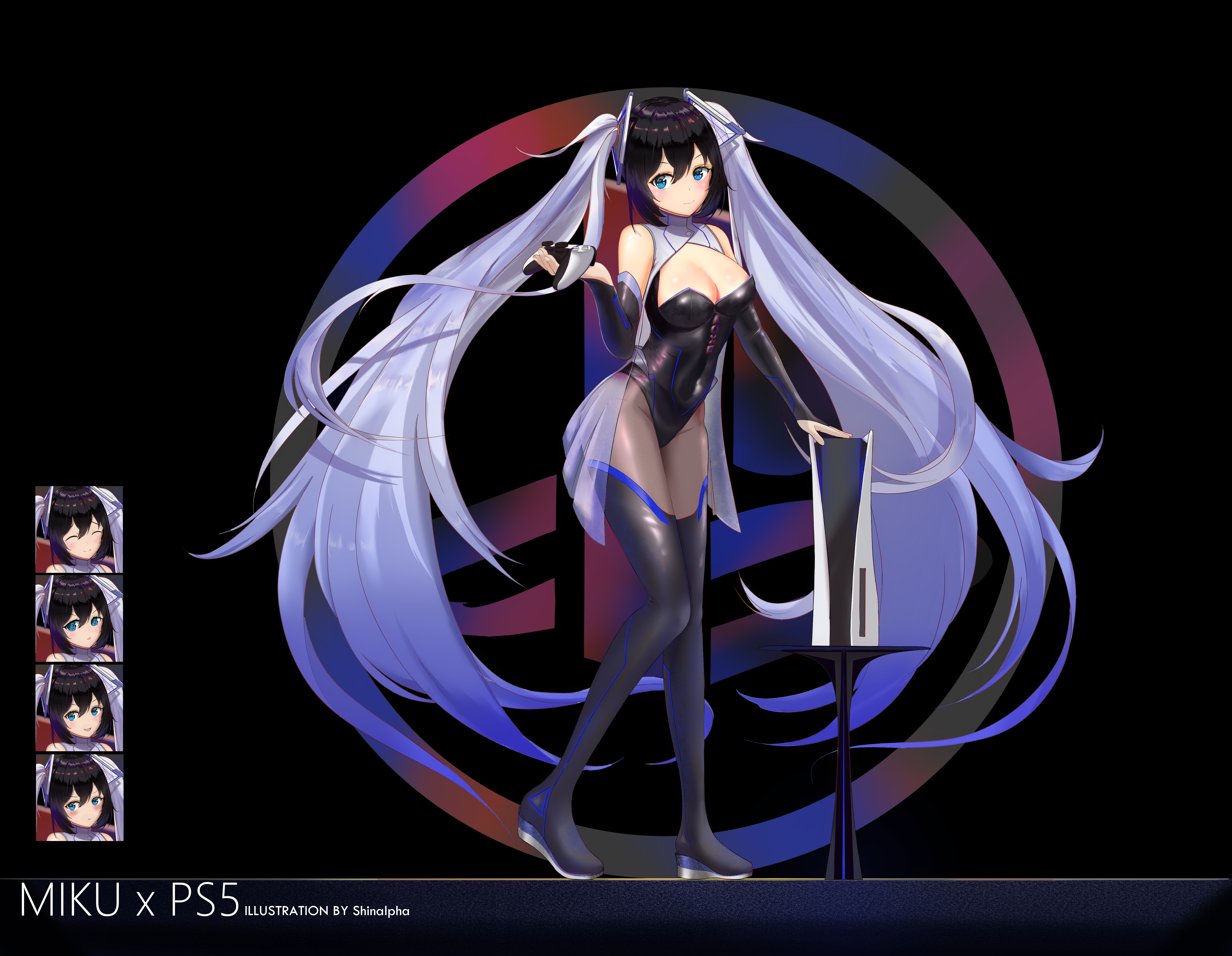 Safebooru - 1girl absurdres black background black hair blue eyes blue hair bodysuit boots ...