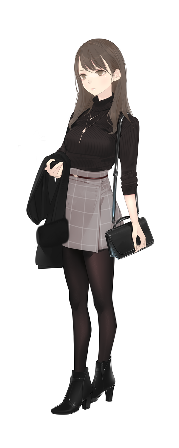 Safebooru - 1girl ama mitsuki bag black legwear boots breasts bright pupils brown eyes brown ...