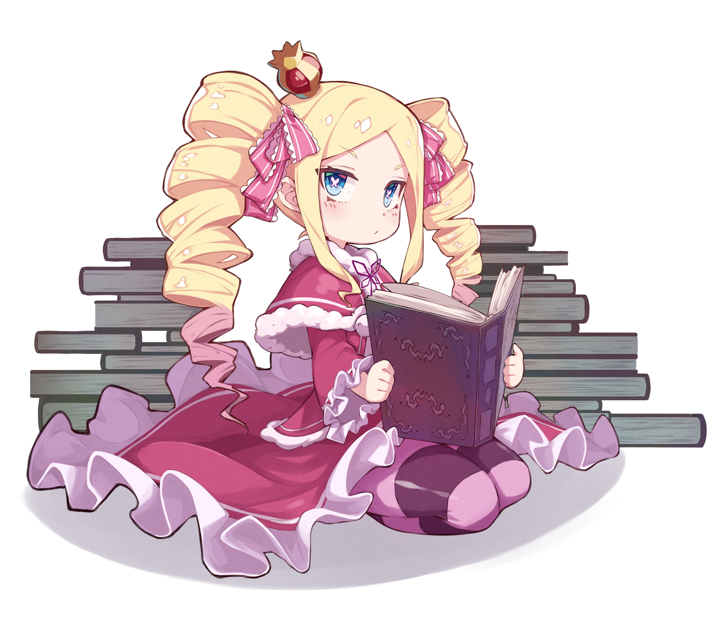 Safebooru - 1girl beatrice (re:zero) blonde hair blue eyes blush book capelet closed mouth ...