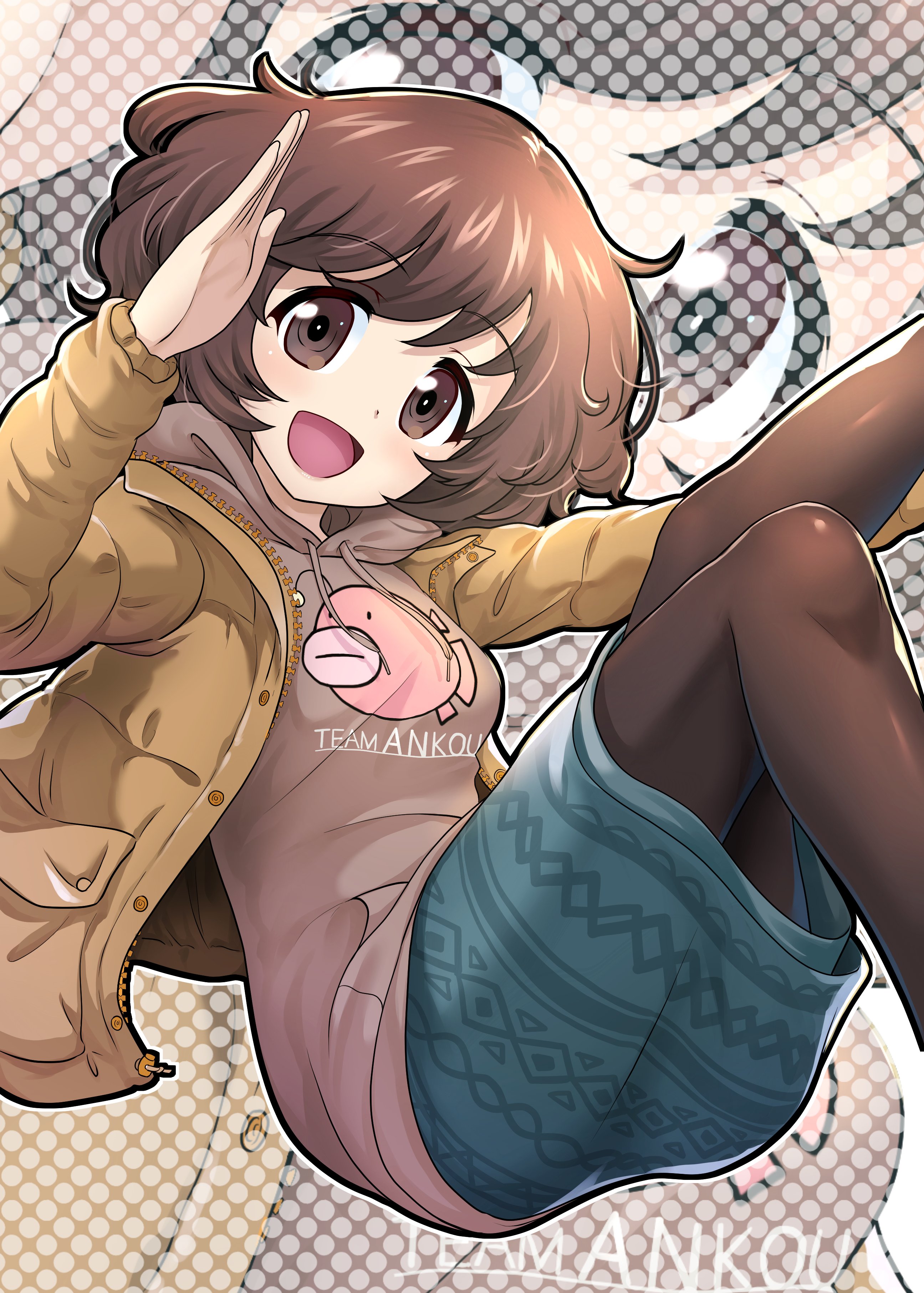 Safebooru - 1girl :d absurdres akiyama yukari anglerfish bangs black legwear blue skirt brown ...