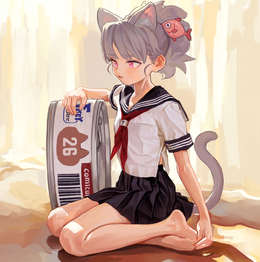 Safebooru - 1girl animal ears barefoot can cat ears cat tail extra ears eyebrows visible through ...