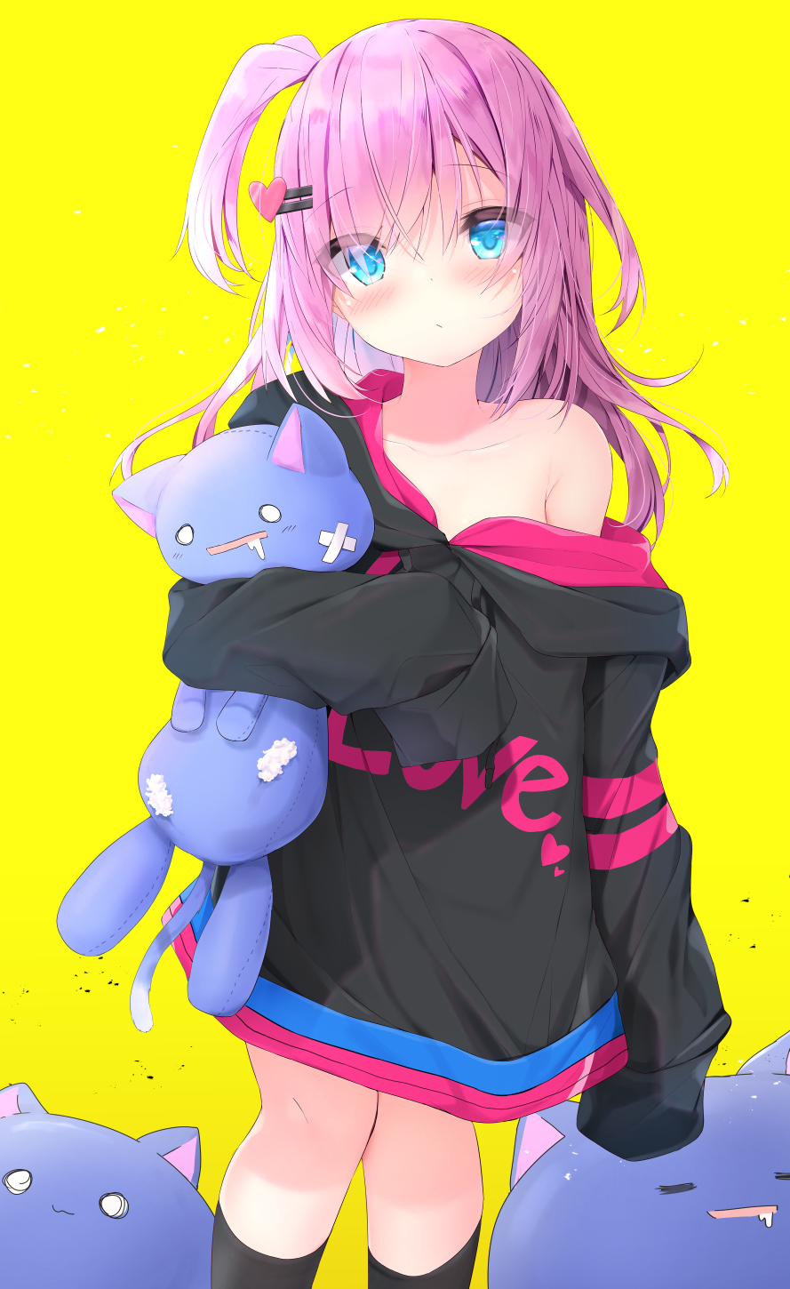 Safebooru - 1girl bangs black hoodie black legwear blue eyes blush closed mouth clothes writing ...