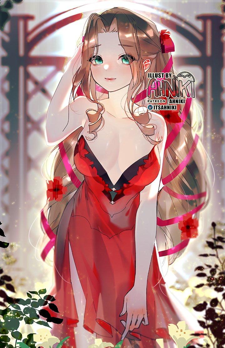 Safebooru - 1girl aerith gainsborough ahniki alternate breast size artist name bare shoulders ...