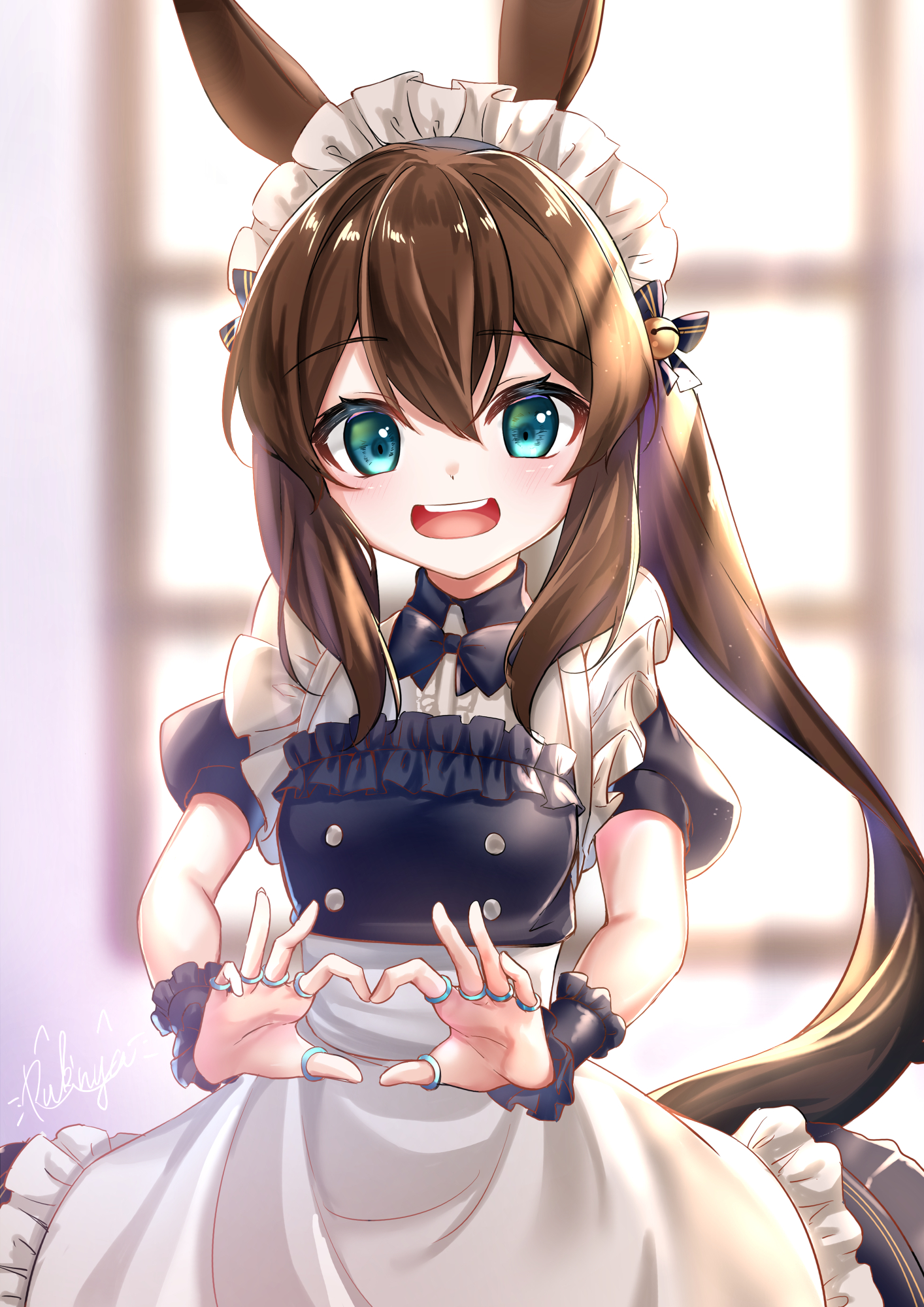 Safebooru - 1girl :d alternate costume amiya (arknights) animal ears apron arknights bangs bell ...