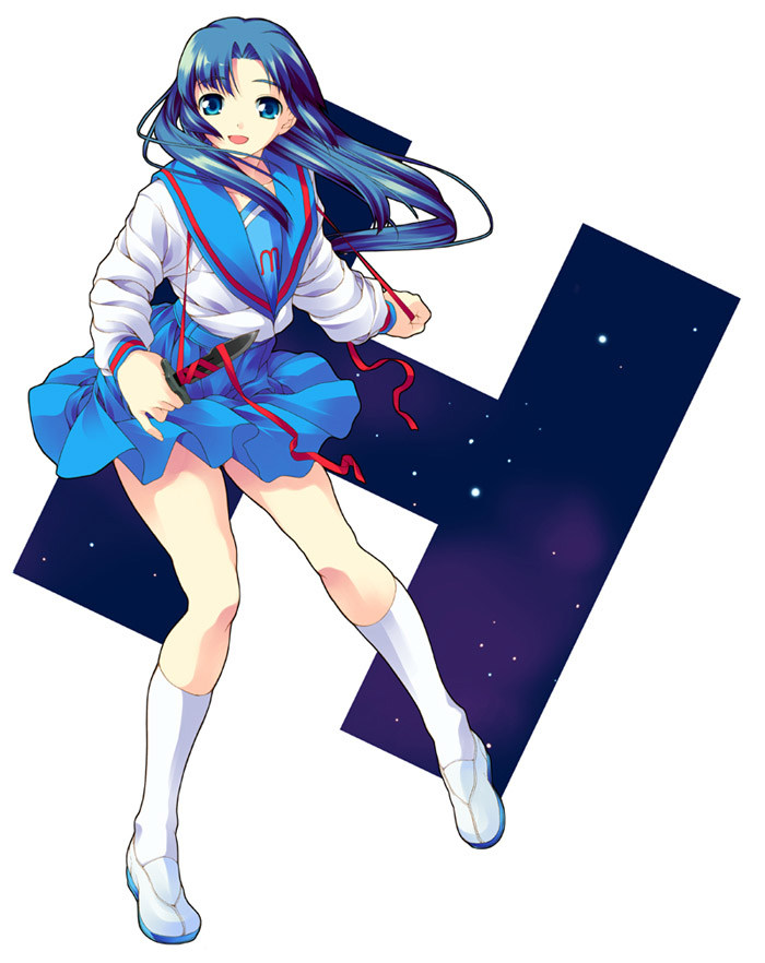 Safebooru - blue hair kneehighs knife long hair school uniform seifuku ...