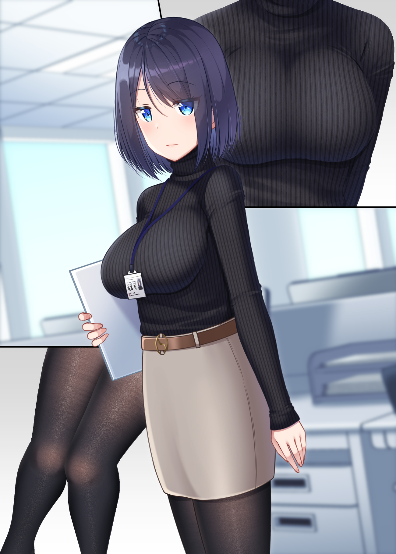 Safebooru - 1girl bangs belt belt buckle black hair black legwear black sweater blue eyes blurry ...
