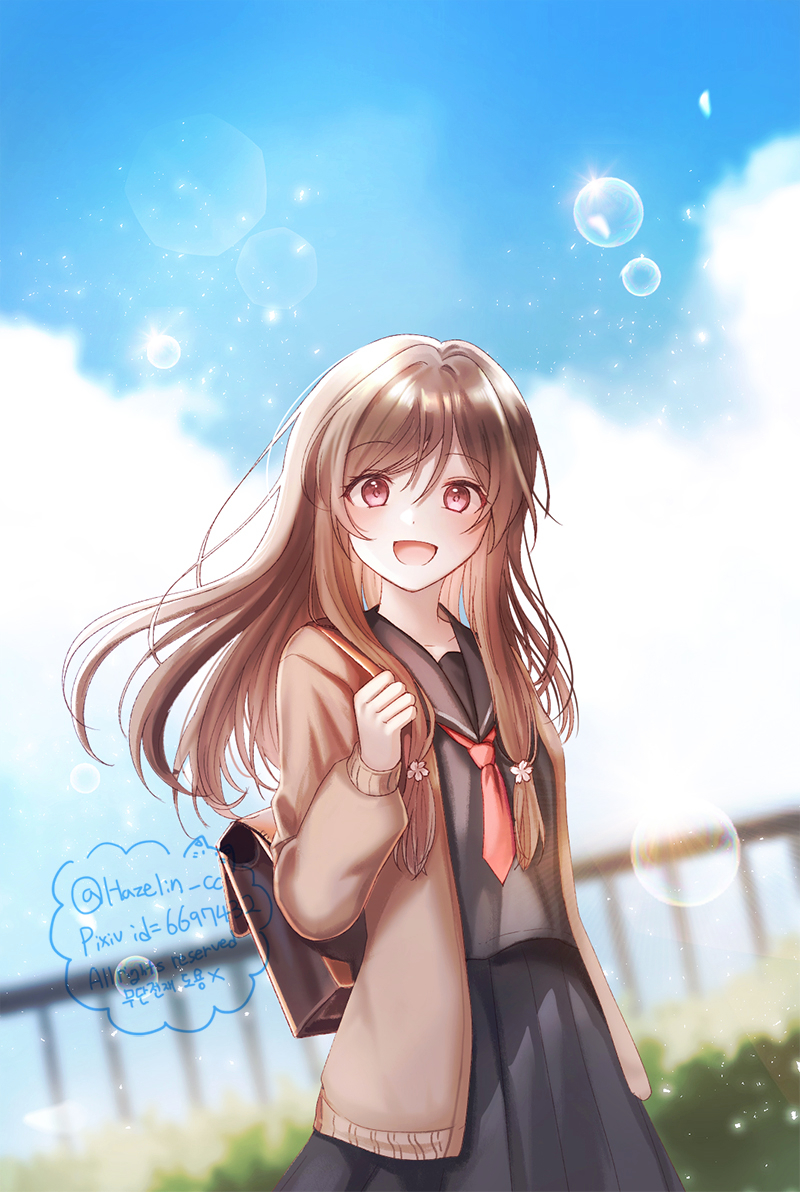 Safebooru - 1girl 723/nanahumi :d bangs black sailor collar black skirt blue sky blurry blurry ...
