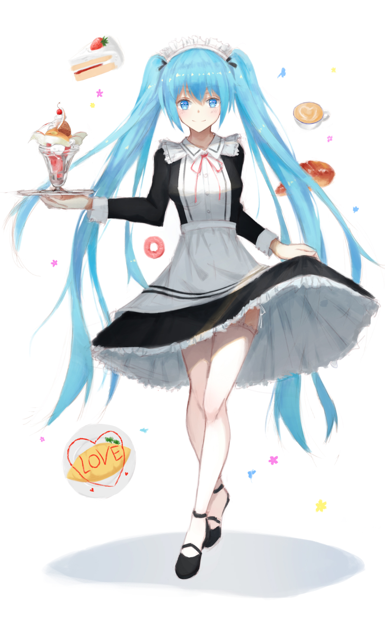 Safebooru - 1girl alternate costume apron bangs black footwear black skirt black sleeves blue ...