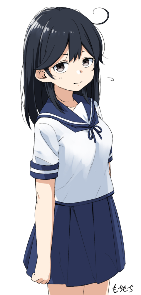 Safebooru - 1girl ahoge artist name black hair blue sailor collar blue skirt cowboy shot grey ...