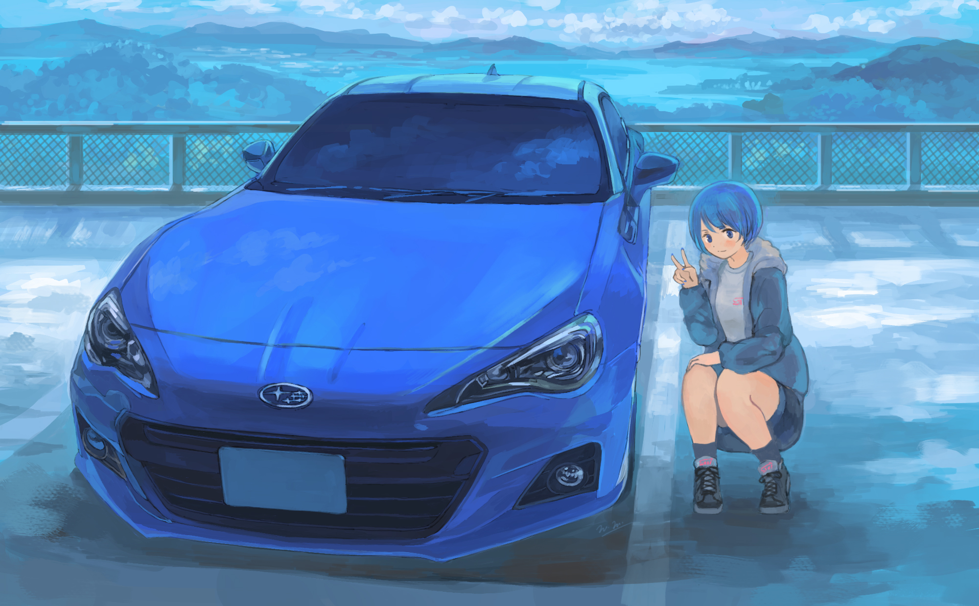 Safebooru - 1girl blue eyes blue hair car ground vehicle highres jacket ...