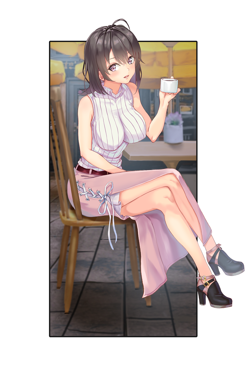Safebooru - 1girl 74 nanashi bare legs belt black footwear black hair breasts chair coffee cup ...