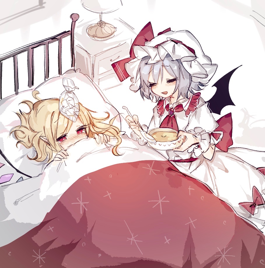 Safebooru - 2girls ascot bangs bat wings bed bedroom black wings blanket blonde hair blush bow ...