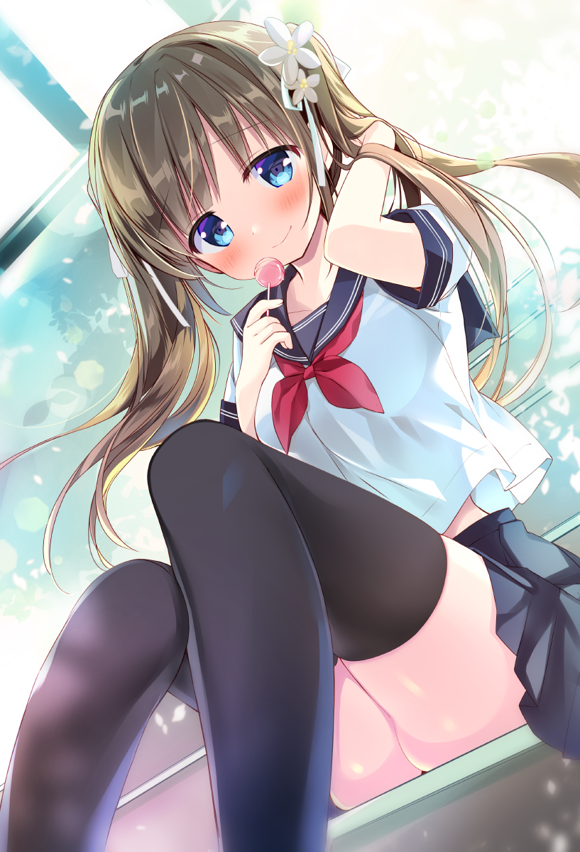 Safebooru - 1girl arm up ass bangs black legwear black sailor collar black skirt blue eyes blush ...