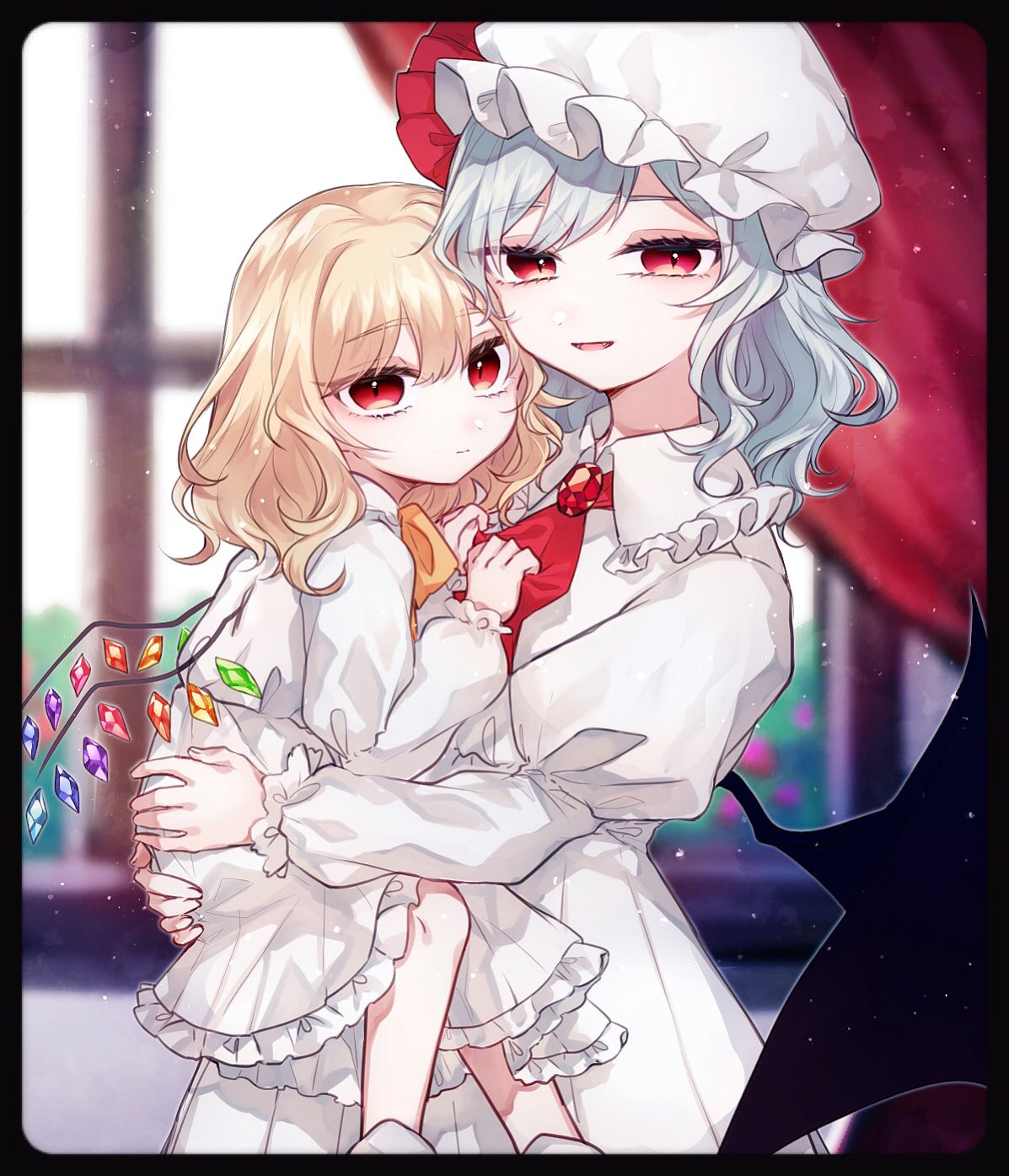 Safebooru - 2girls bat wings blonde hair blue hair carrying commentary crystal curtains dress ...