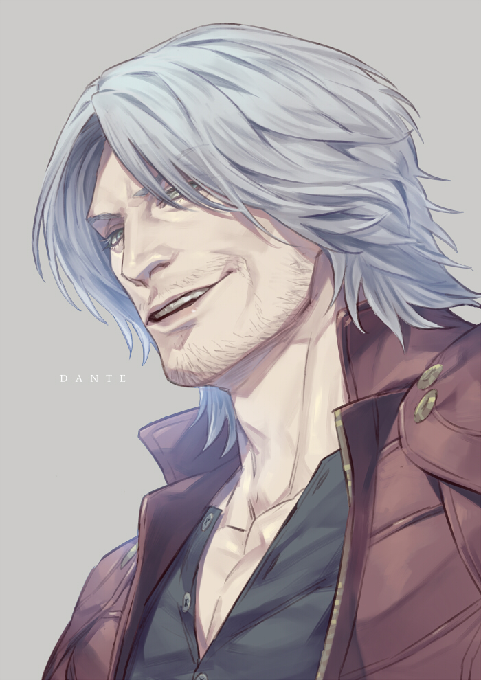 Safebooru - 1boy black shirt blue eyes character name coat collared coat commentary dante (devil ...