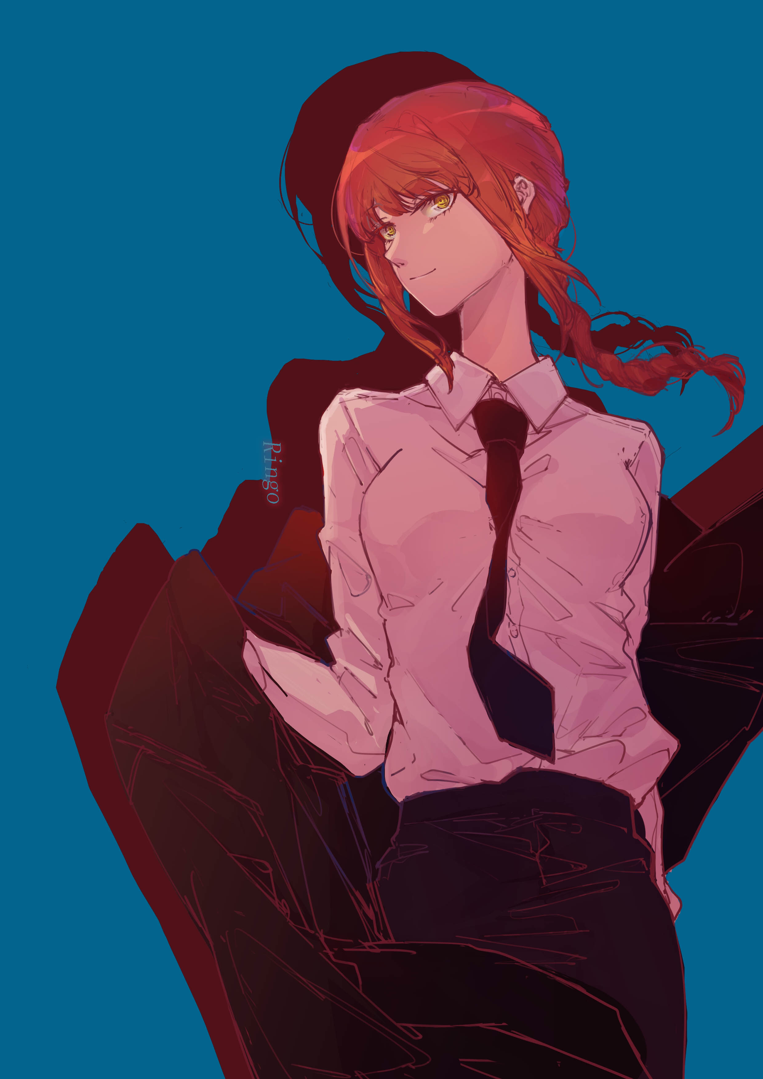 Safebooru - 1girl absurdres artist name bangs black jacket black neckwear black pants blue ...