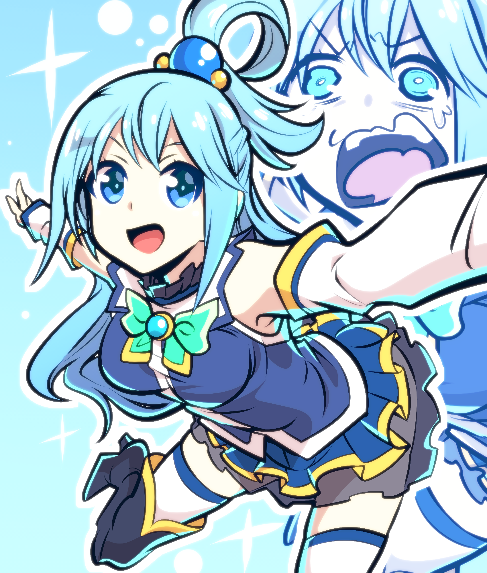 Safebooru - 1girl aqua (konosuba) bent over blue dress blue eyes blue hair breasts detached ...