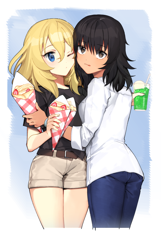 Safebooru - 2girls andou (girls und panzer) bangs belt black belt black hair blonde hair blue ...