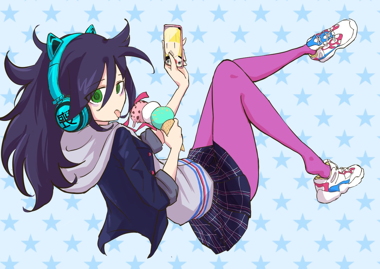 Safebooru - 1girl alternate costume animal ears black hair blue background blue hoodie cat ears ...