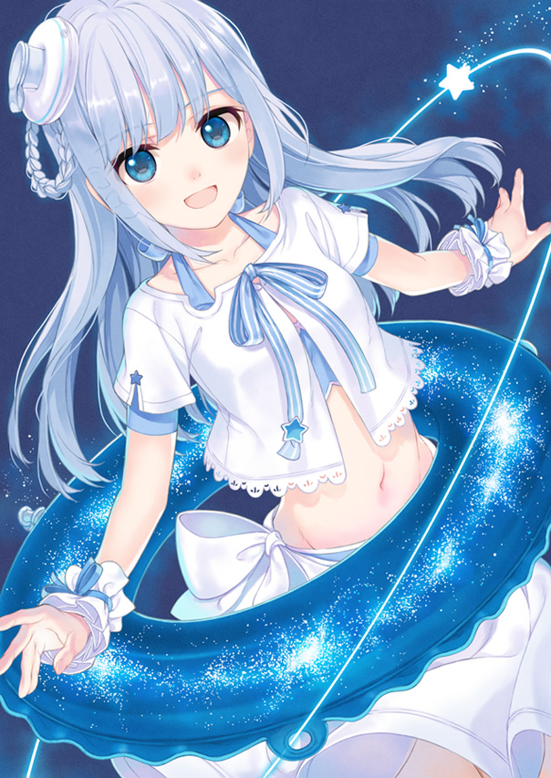 Safebooru - 1girl :d amamiya chiharu blue eyes braid breasts crop top crop top overhang groin ...