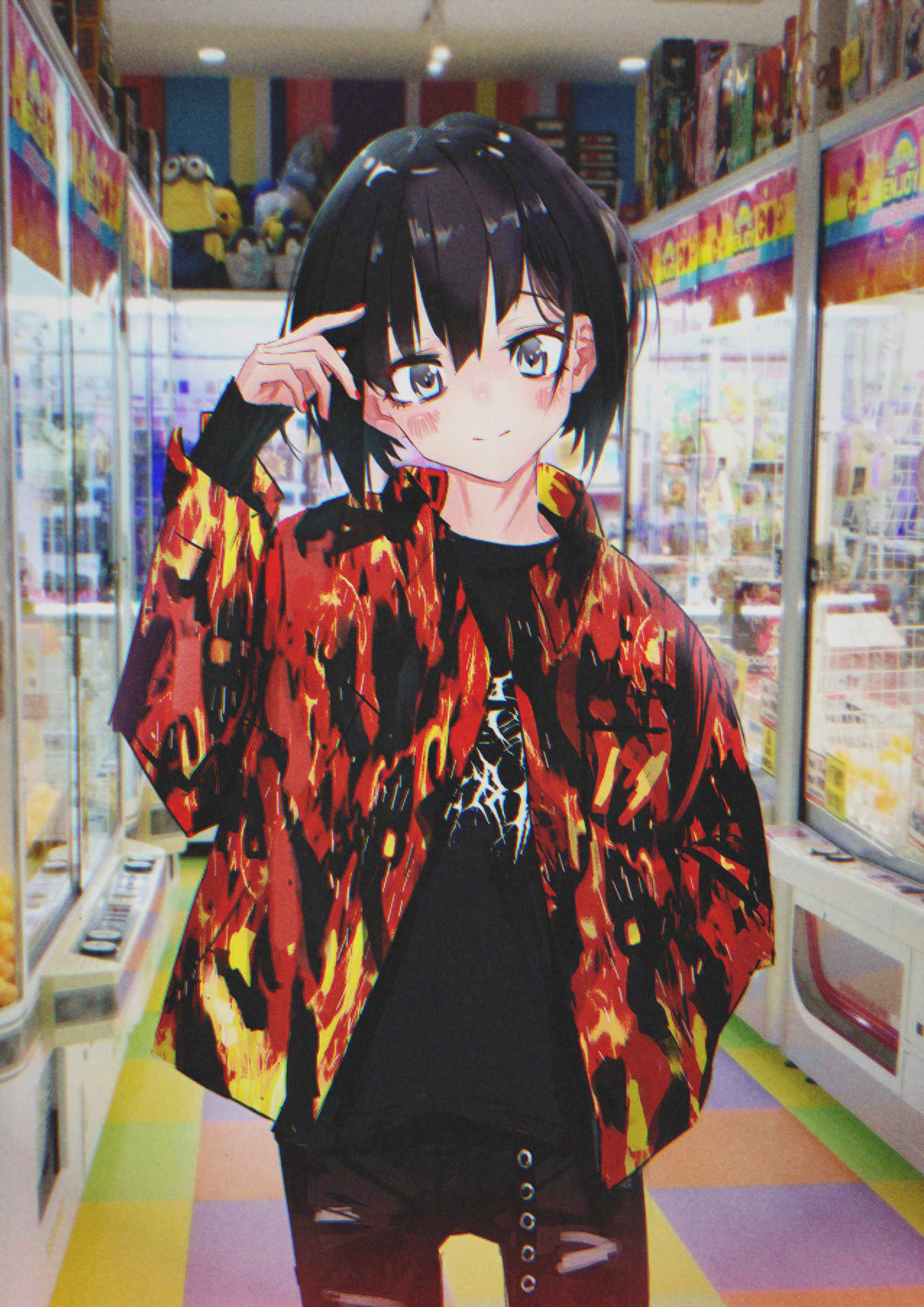 Safebooru - 1girl absurdres black hair black pants black shirt blush ...