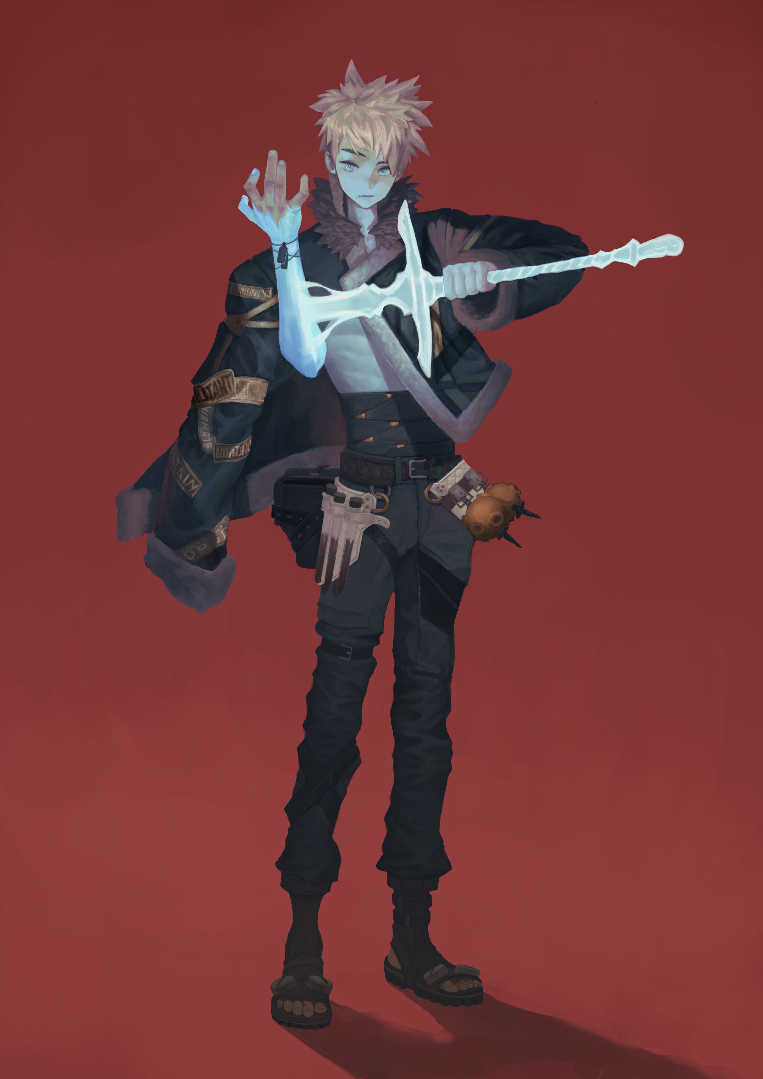 Safebooru - 1boy absurdres arkimedes bandages belt black jacket blonde hair blue eyes bracelet ...