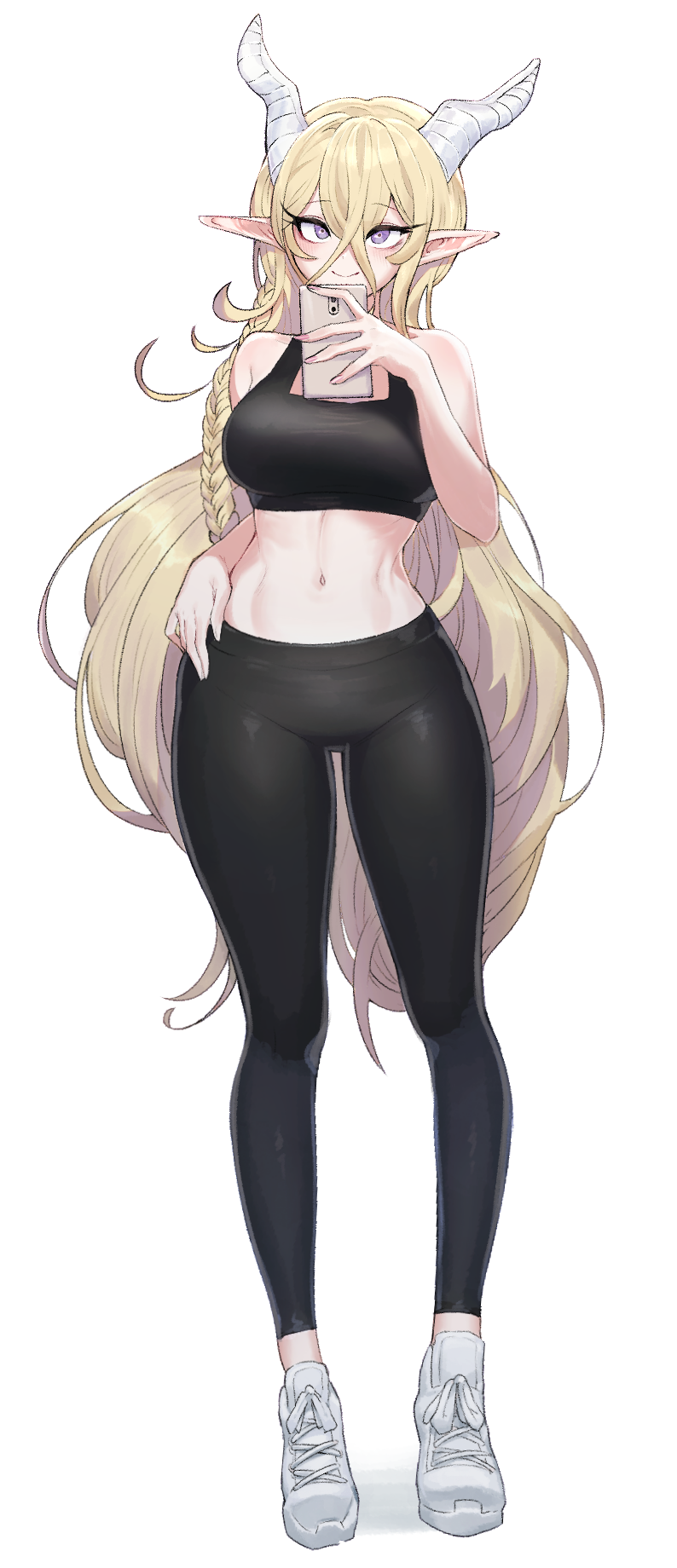 Safebooru - 1girl bangs black legwear black shirt blonde hair blush braid breasts character ...