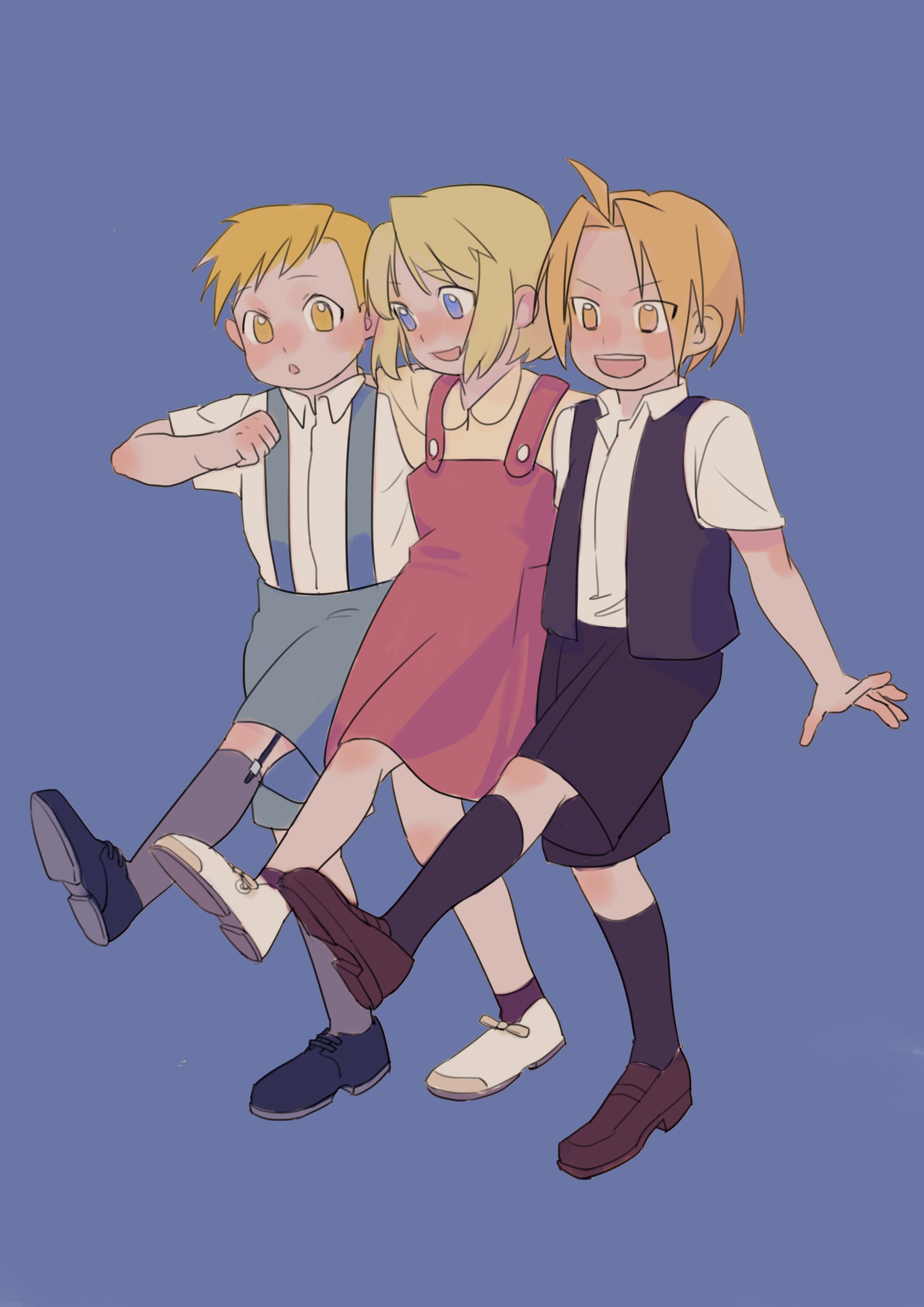 Safebooru - 1girl 2boys :d :o absurdres ahoge alphonse elric arm behind back beige shirt black ...