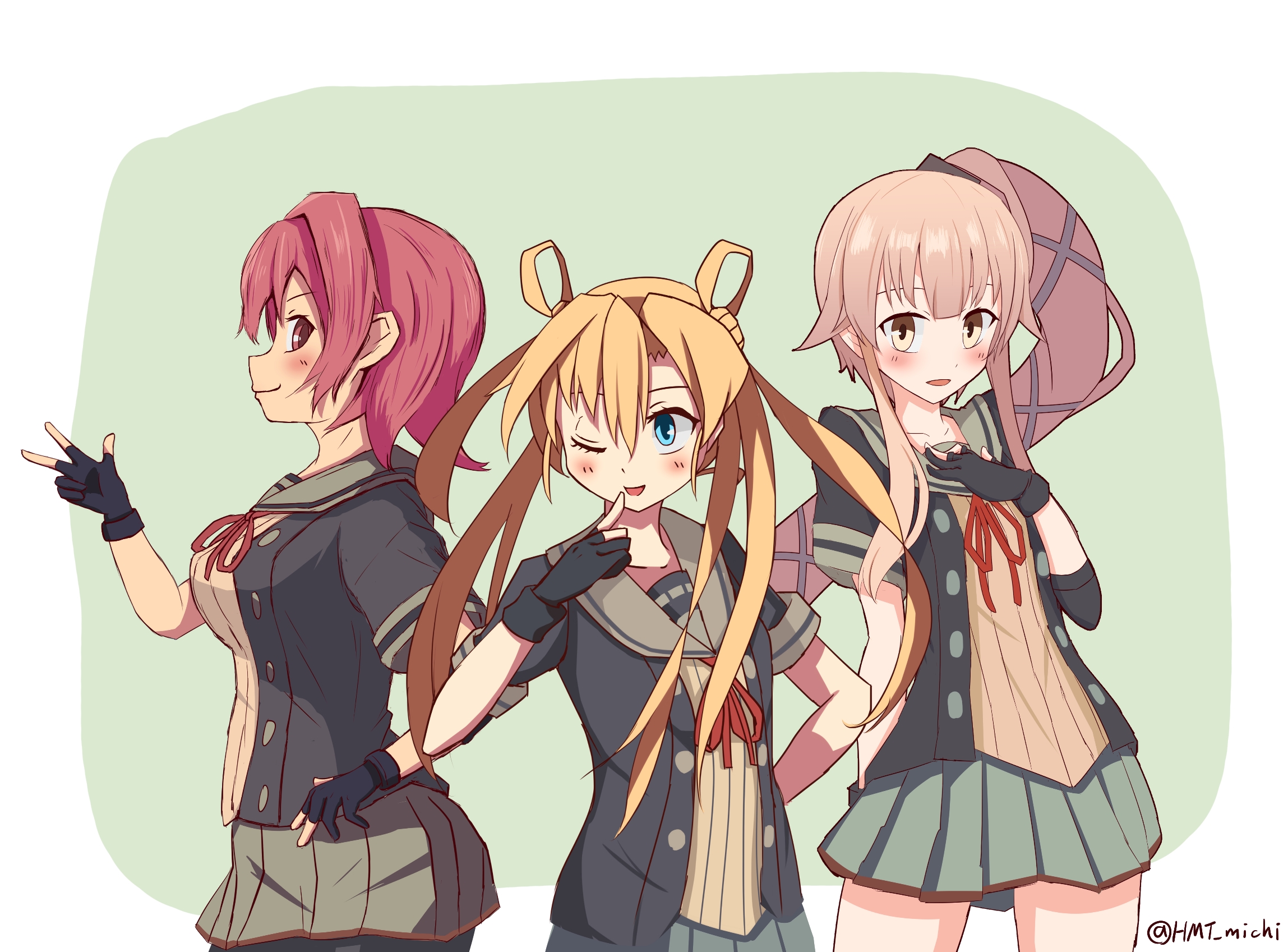 Safebooru - 3girls abukuma (kantai collection) bike shorts black gloves black jacket blonde hair ...