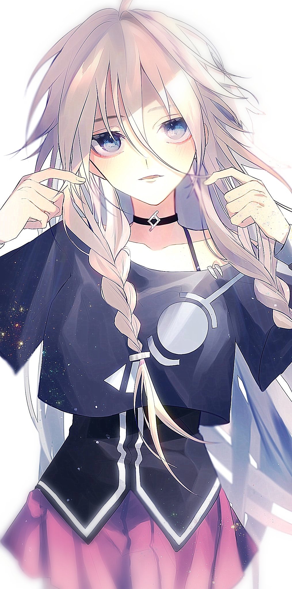 Safebooru - 1girl black shirt blue eyes braid cevio collar collarbone commentary cowboy shot ...