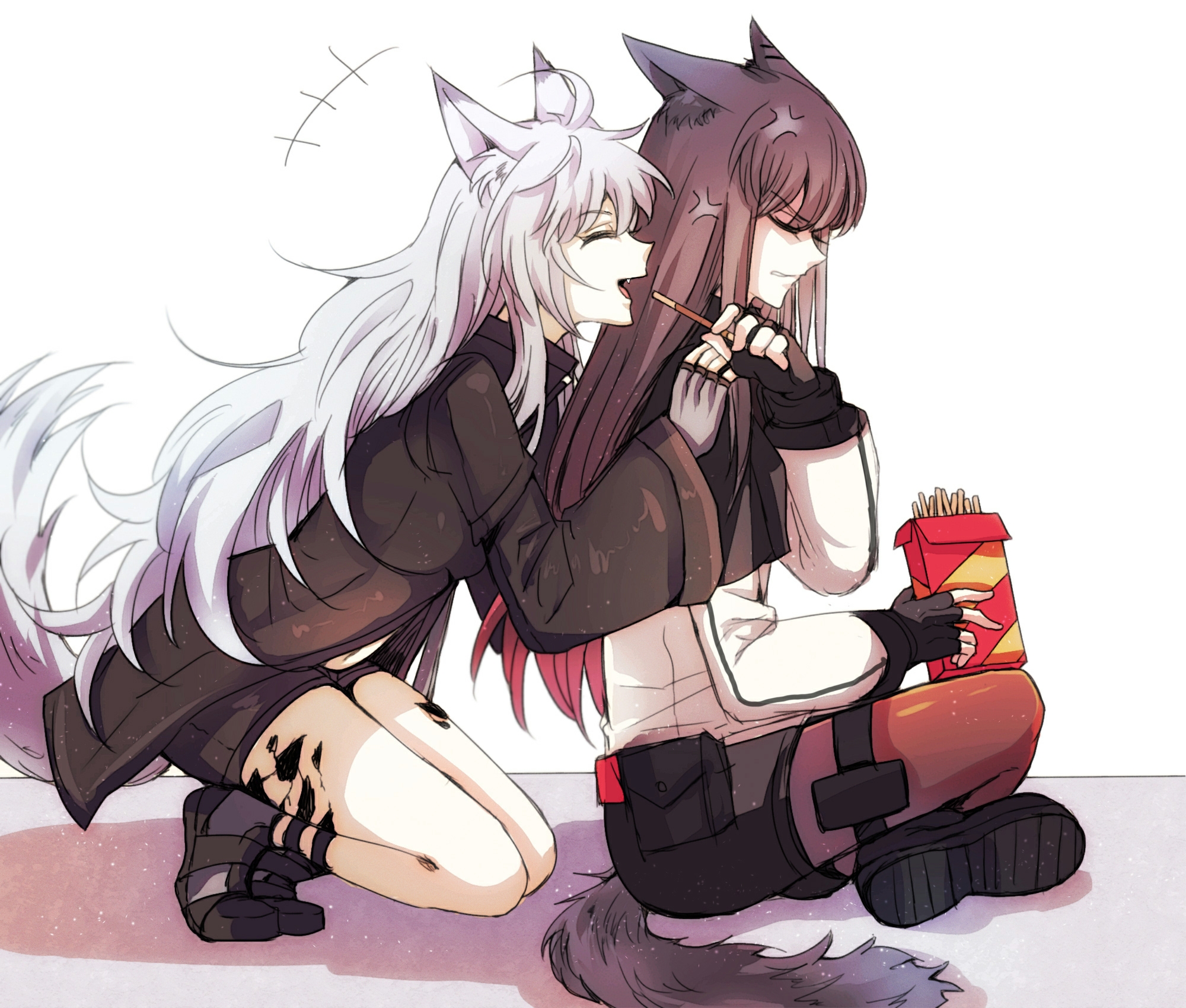 Safebooru - +++ 2girls anger vein animal ears annoyed arknights bangs black hair black legwear ...