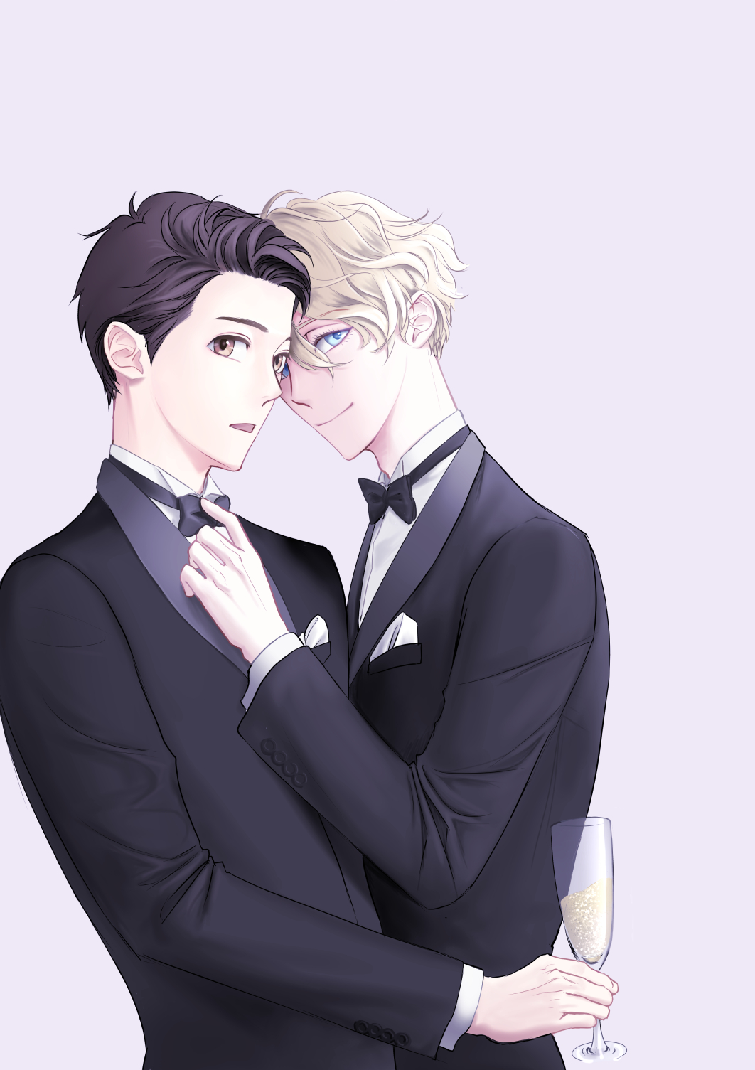 Safebooru - 2boys black hair black suit blonde hair blue eyes bow ...