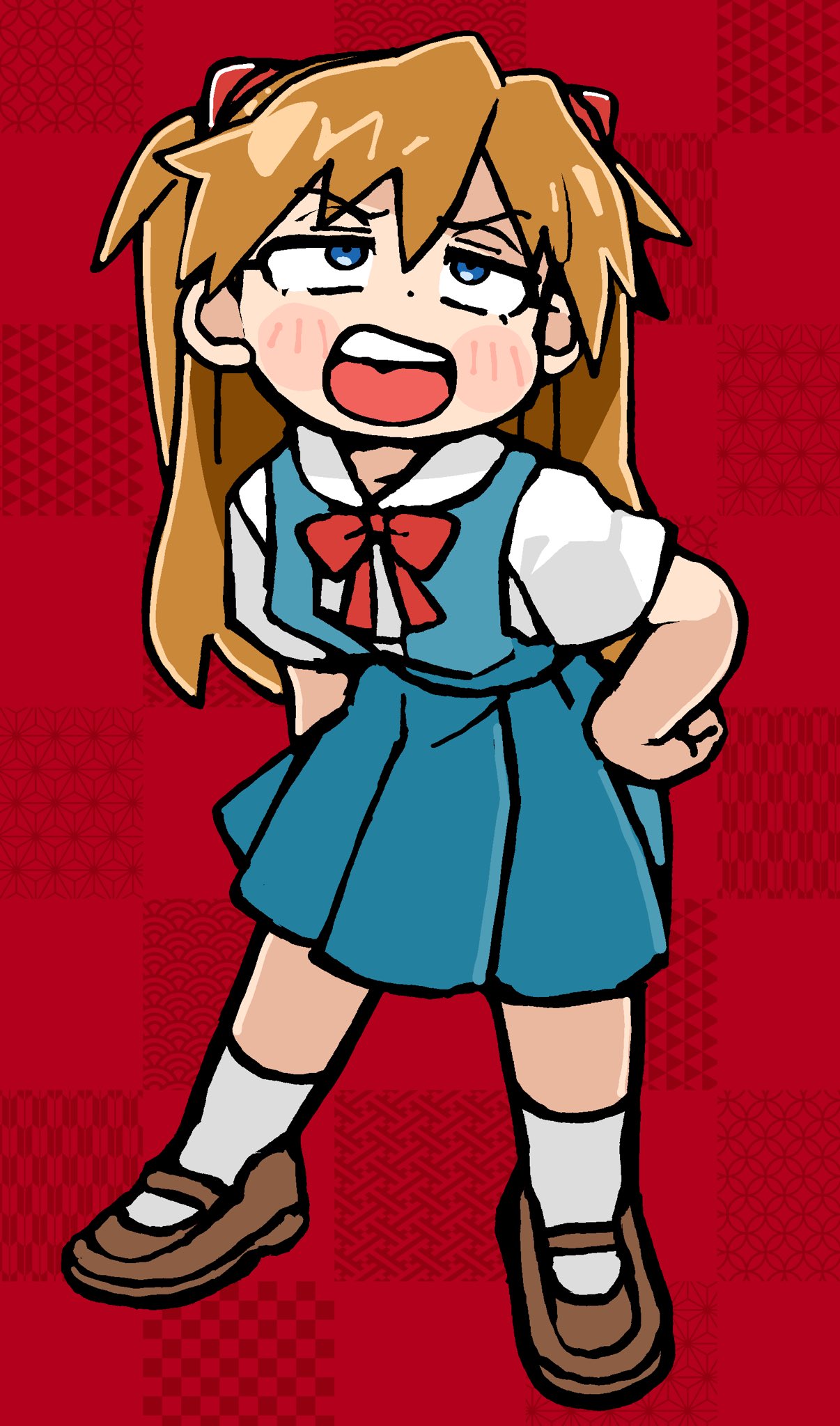 Safebooru - 1girl bkub blue eyes blue skirt blush bow brown shoes chibi ...