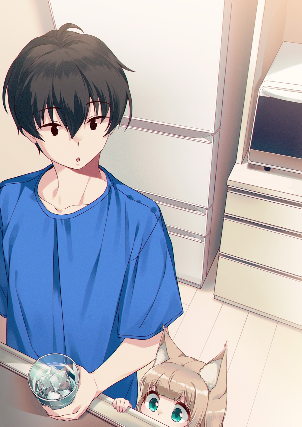 Safebooru - 1boy 1girl 40hara animal ear fluff animal ears aqua eyes bangs black hair blue shirt ...