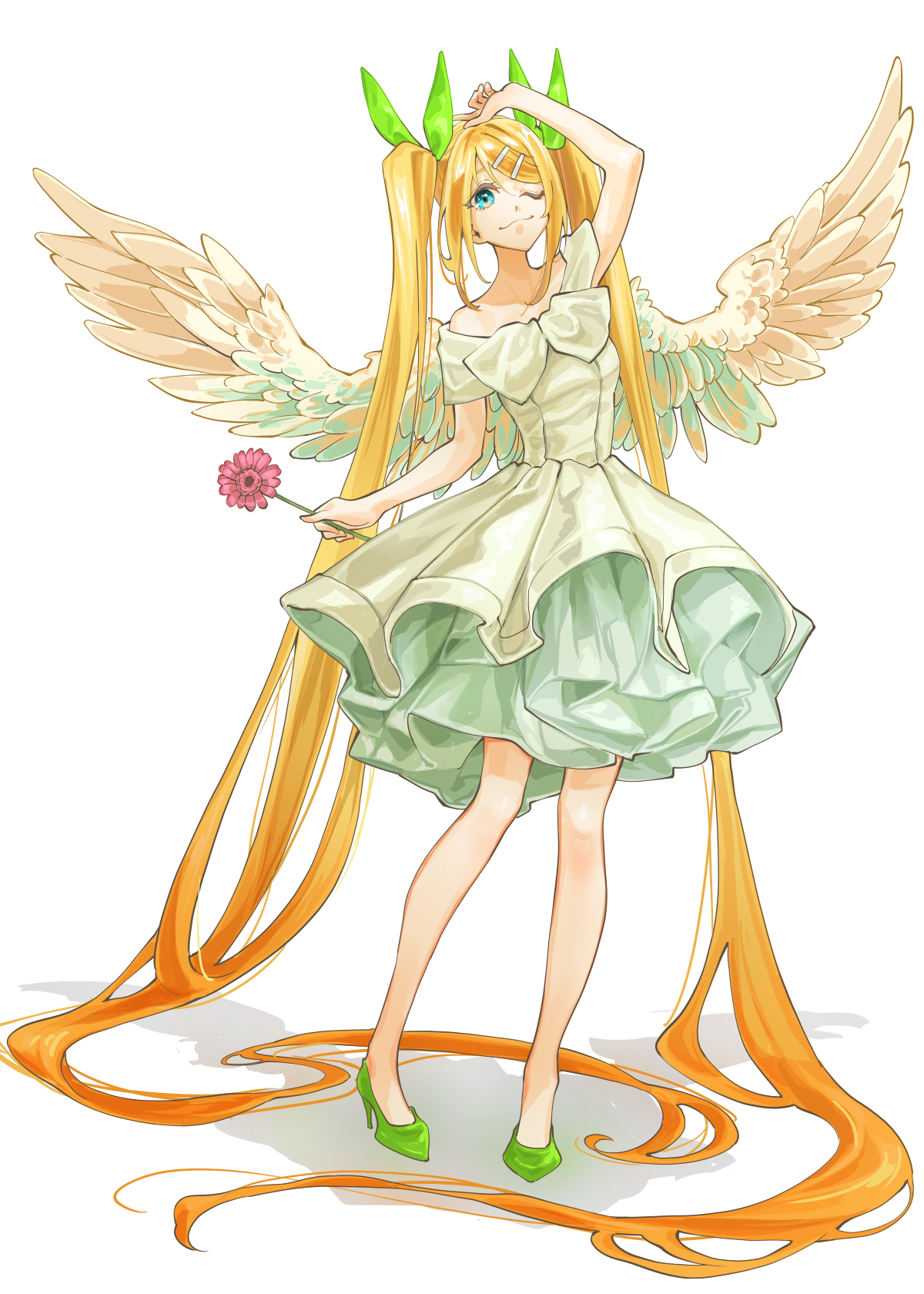 Safebooru - 1girl absurdly long hair angel angel wings aqua eyes bangs blonde hair bow ...