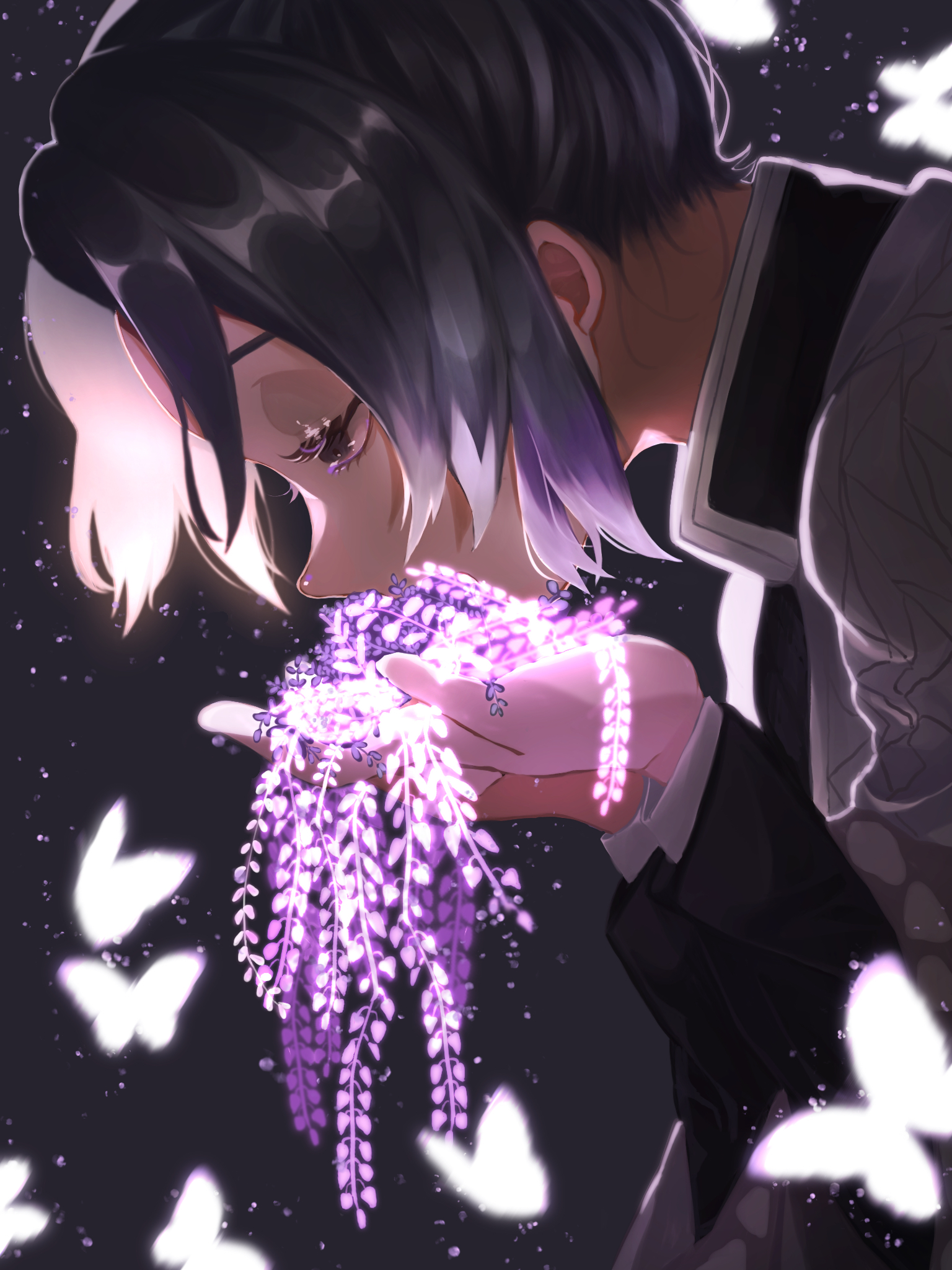 Safebooru - 1girl bangs black hair bug butterfly butterfly hair ornament flower gradient hair ...