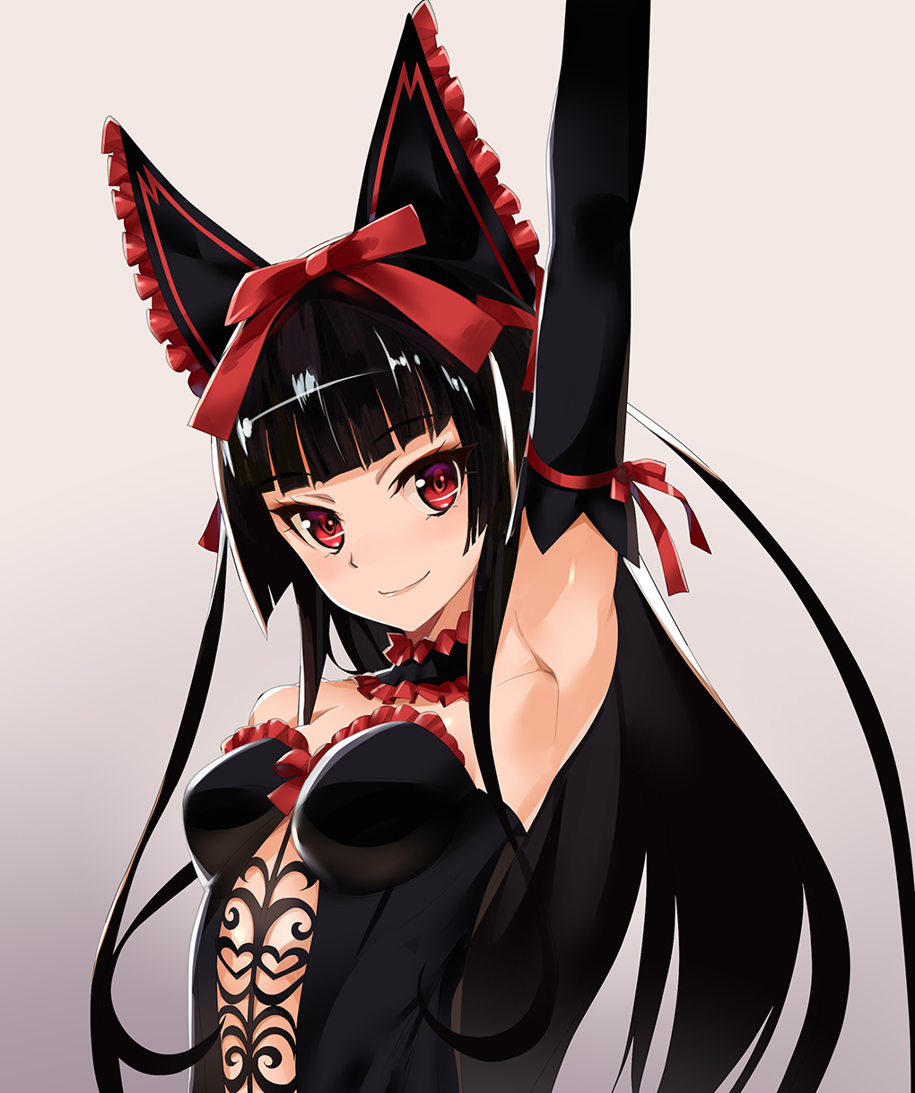 Safebooru - 1girl arm up armpits bare shoulders black gloves black hair breasts eyebrows visible ...