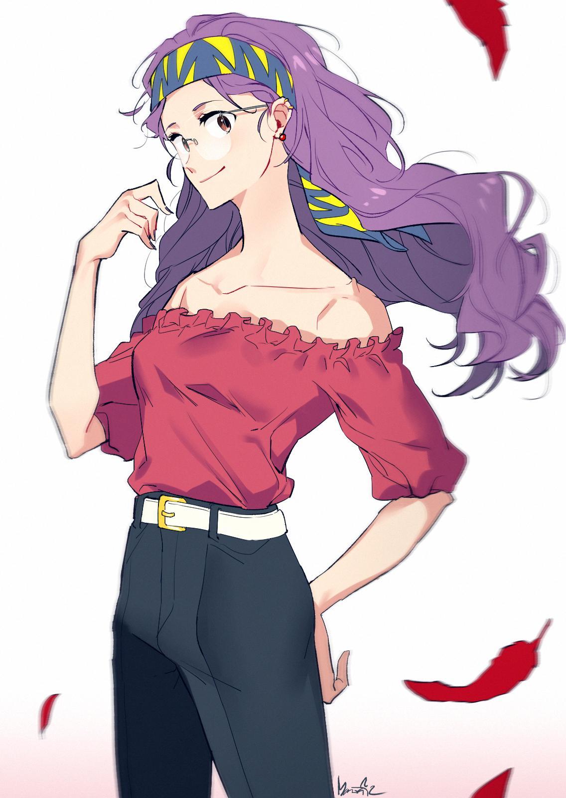 Safebooru - 1girl bare shoulders belt black pants blurry brown eyes ...
