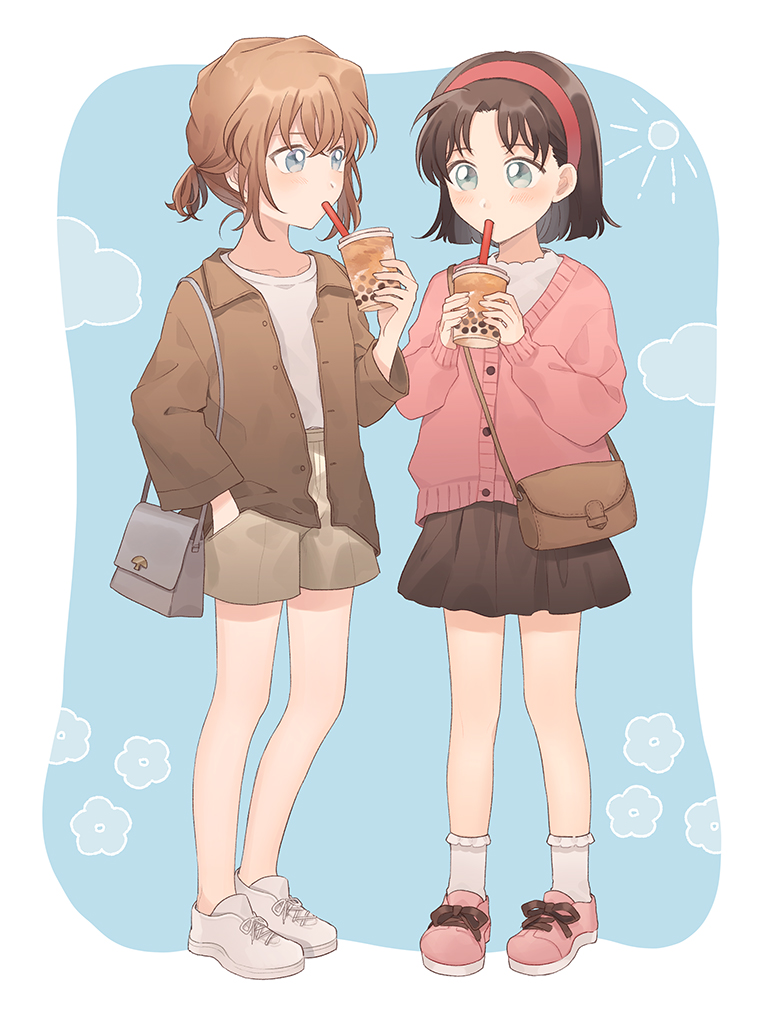 Safebooru 2girls Bag Bangs Blue Background Blue Eyes Brown Hair Brown 4924