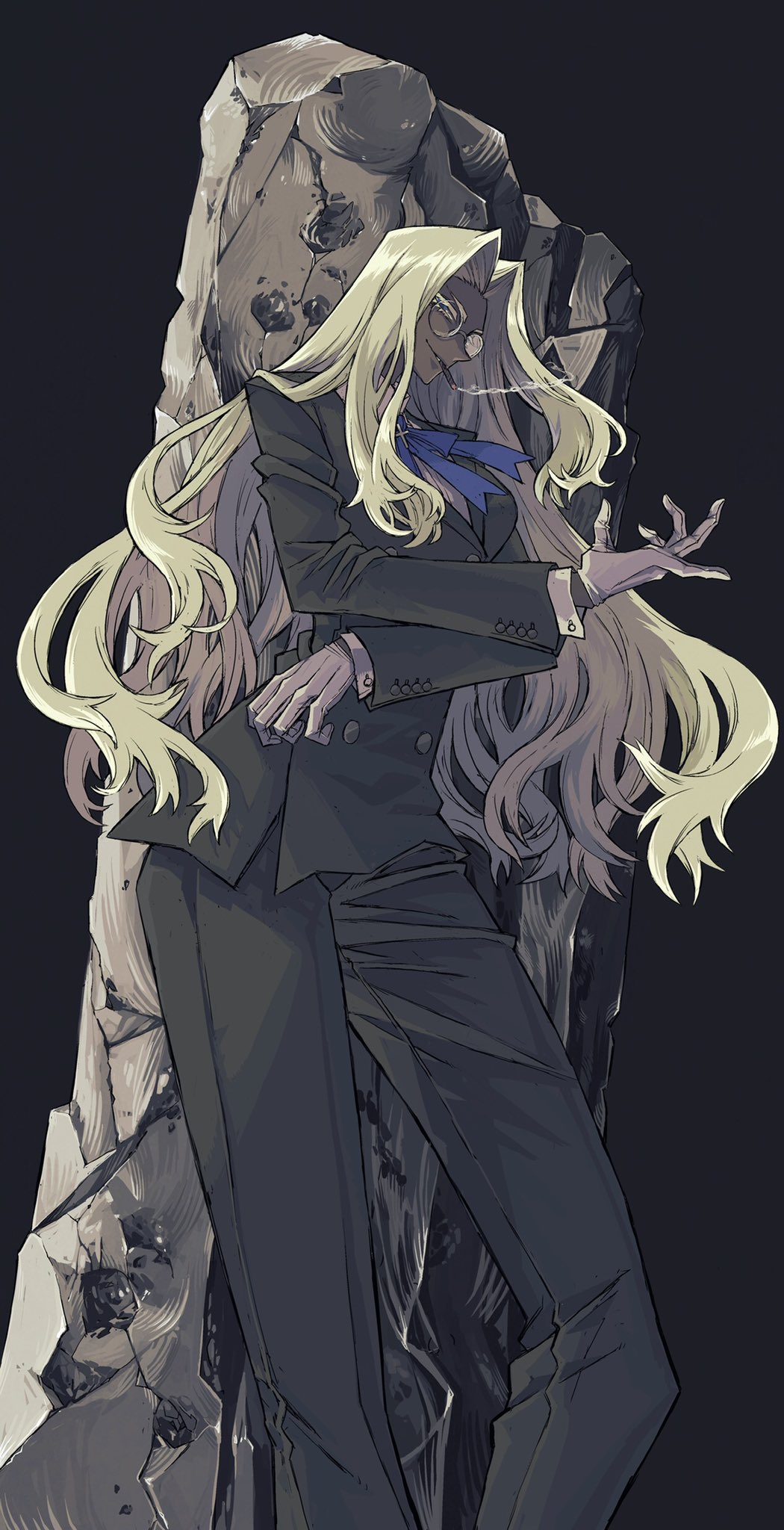 Safebooru - 10den 1girl black background blonde hair blue eyes cigar ...