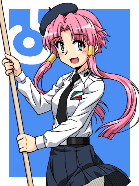 Safebooru - 1girl :d anzio school uniform bangs belt beret black belt black headwear black ...