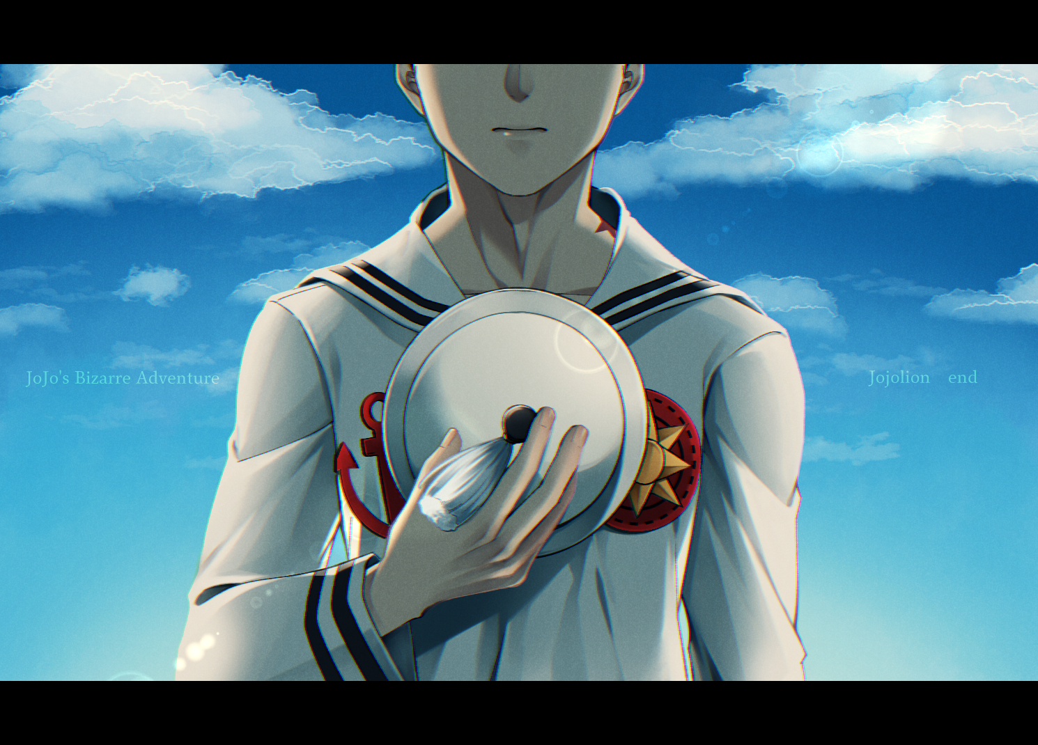 Safebooru - 1boy birthmark clouds cloudy sky dixie cup hat hand on own chest hat head out of ...