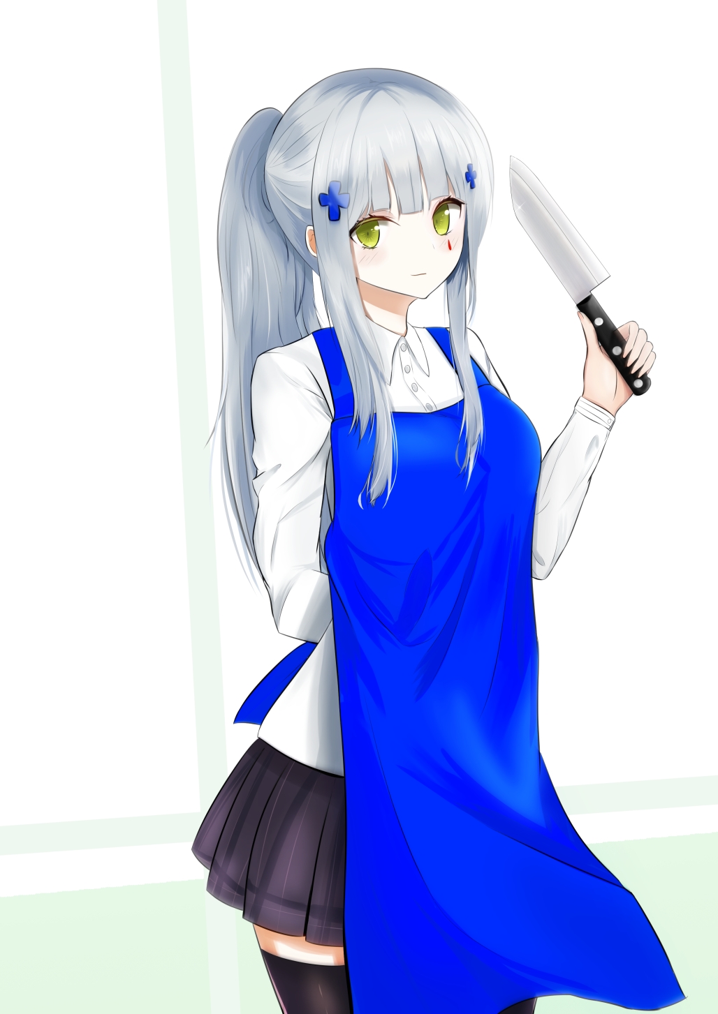 Safebooru - 1girl apron arm behind back bangs black legwear blue apron blue hair blush eyebrows ...