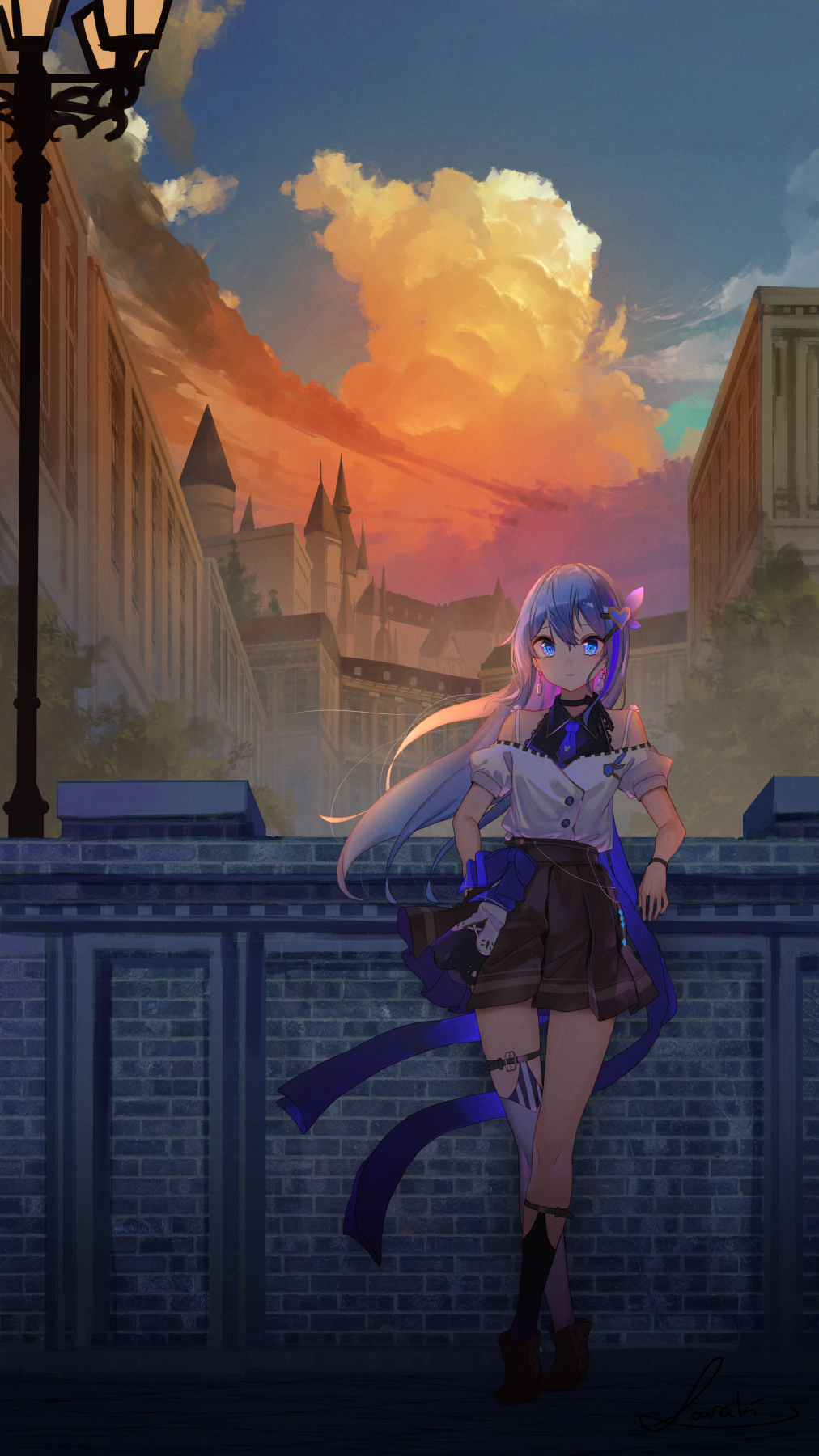 Safebooru - 1girl asymmetrical legwear bangs bare shoulders black legwear black skirt blue bow ...